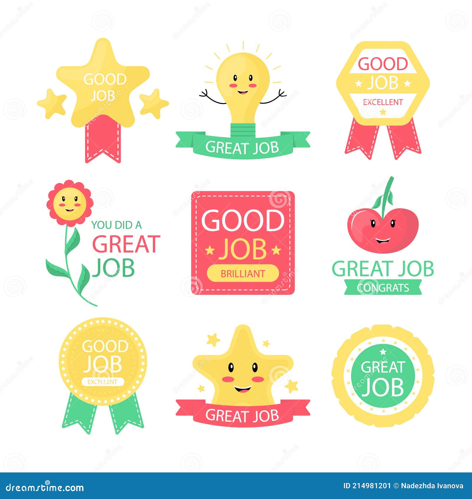 Flat Good Job and Great Job Stickers Vector Illustration. Stock Vector ...