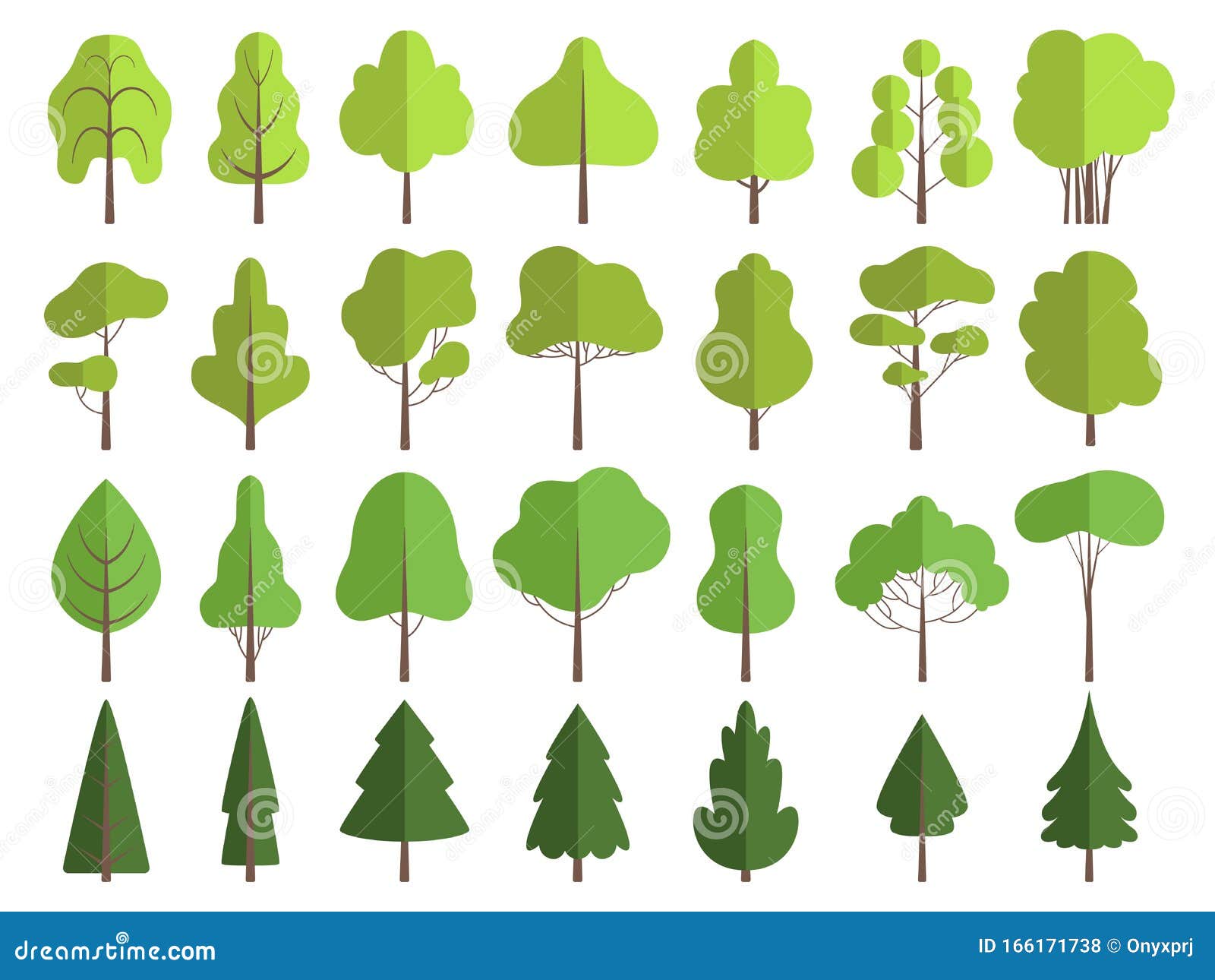 Flat Green Trees. Nature Plants Clean Shaping Forms Vector Collection ...
