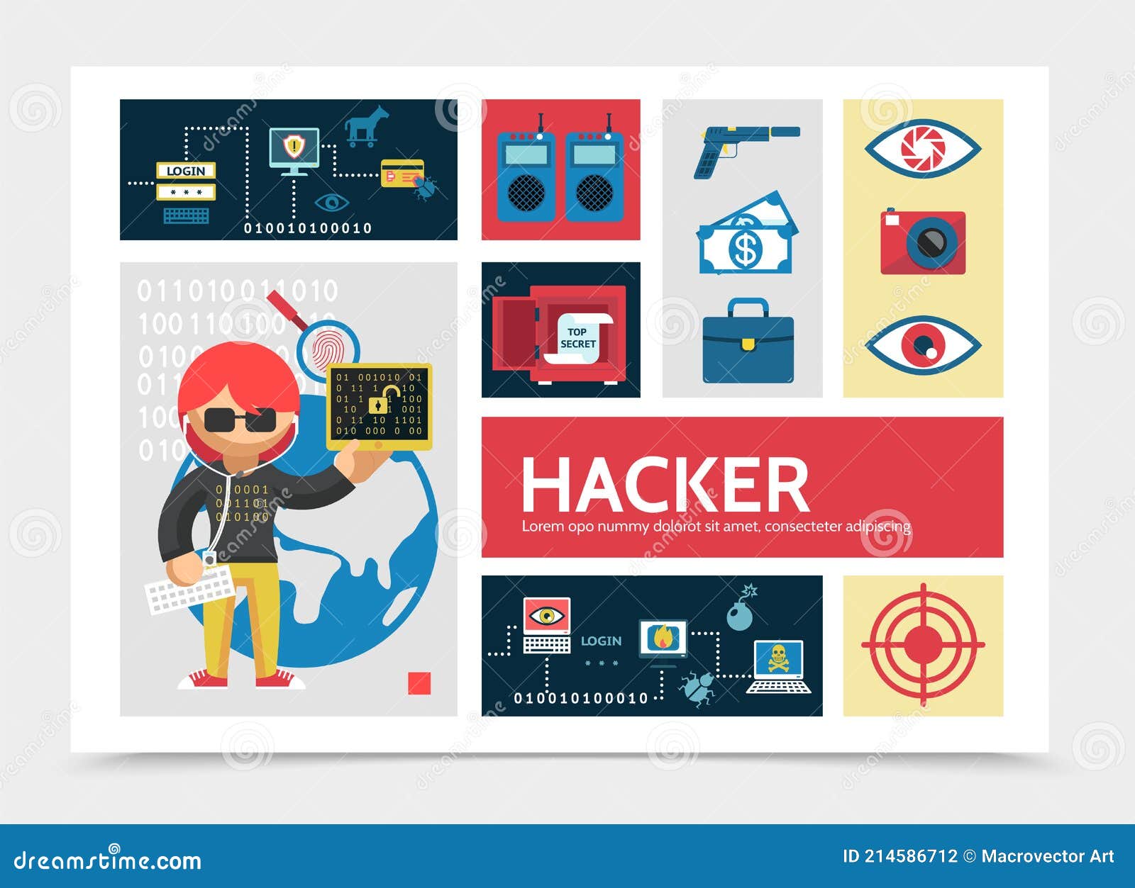 Flat Hacker Activity Infographic Template Stock Vector - Illustration ...