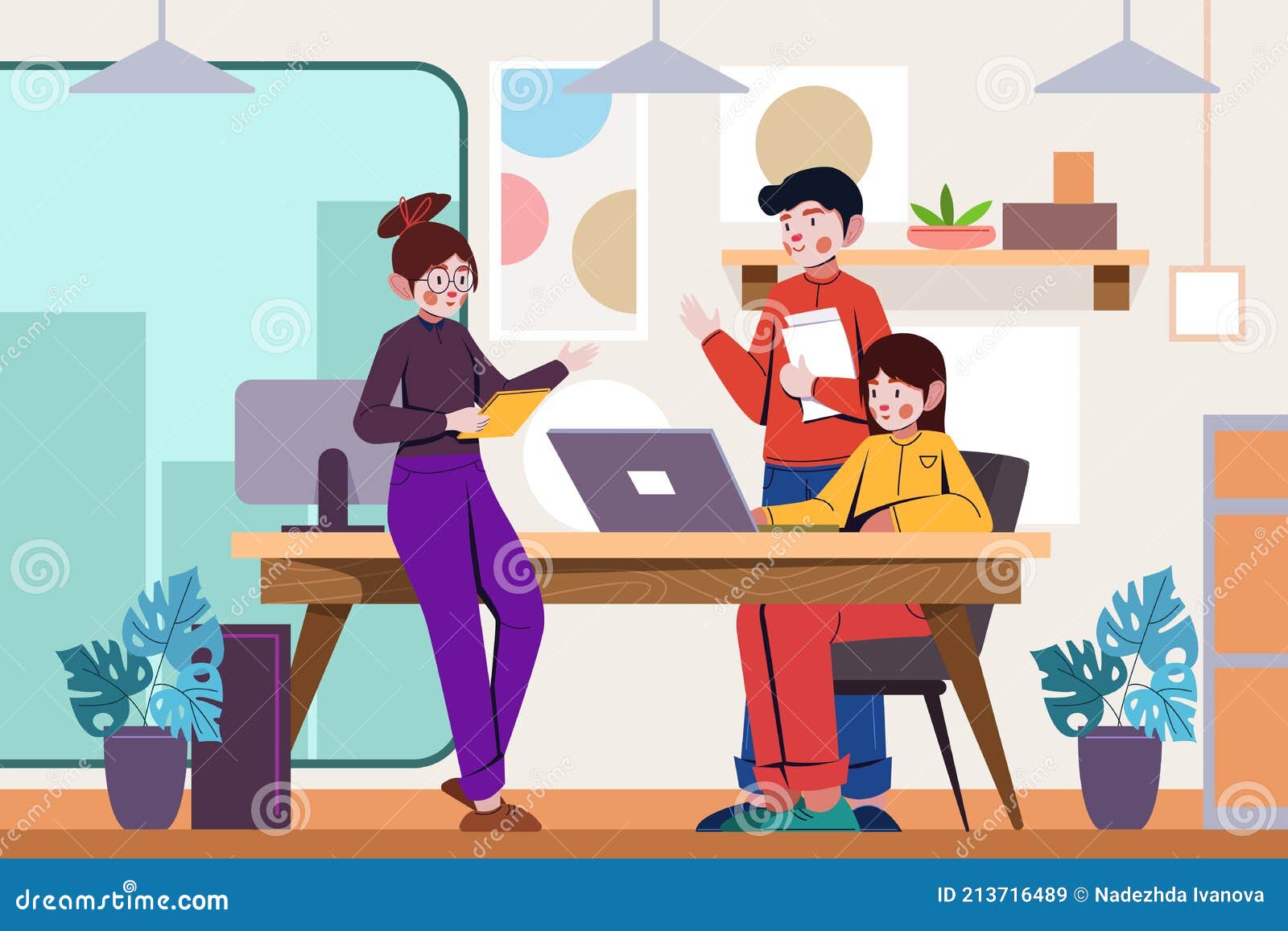 Flat-hand Drawn Coworking Space Vector Illustration. Stock Vector ...