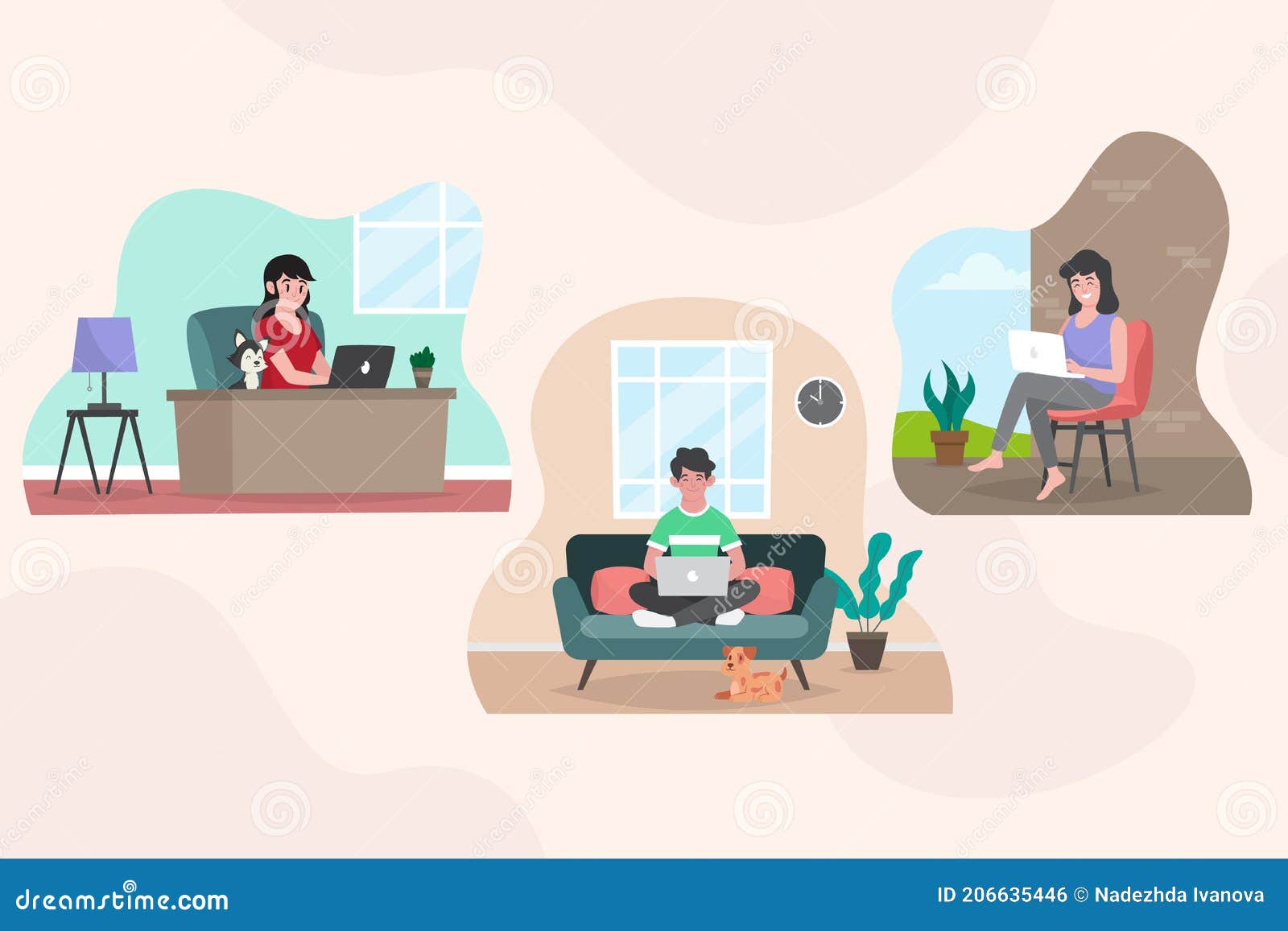 Flat-hand Drawn Remote Working Scenes Vector Illustration. Stock ...