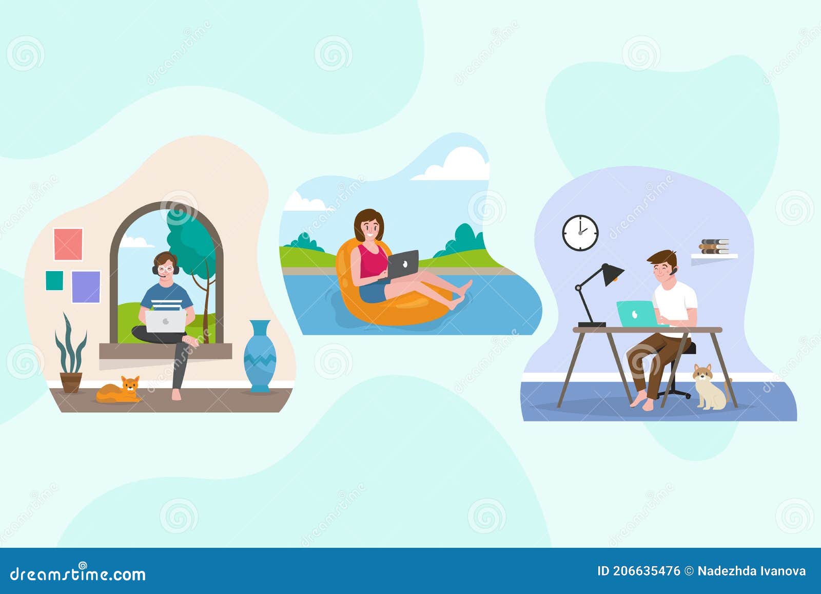 Flat-hand Drawn Remote Working Scenes Vector Illustration2. Stock ...