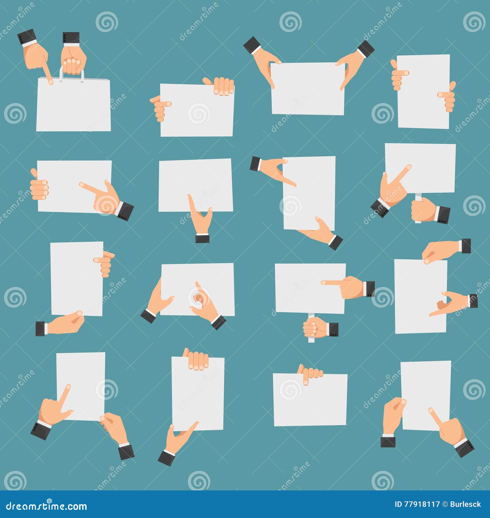 Flat Hands Holding Banners and Pointing To Empty Paper Pieces Stock ...