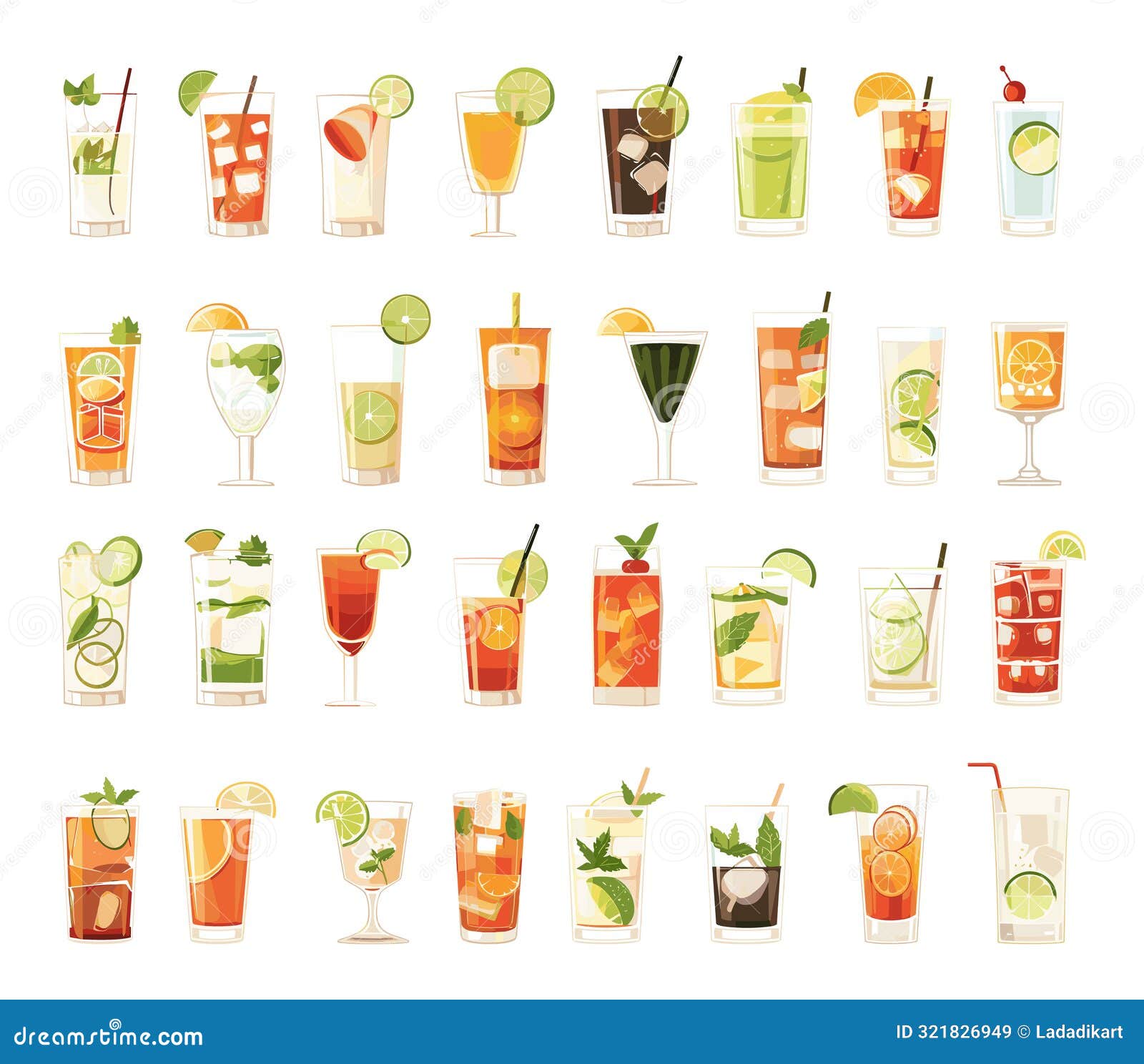Flat Highball Cocktails Icon Set. Various Drinks in Highball Glasses ...