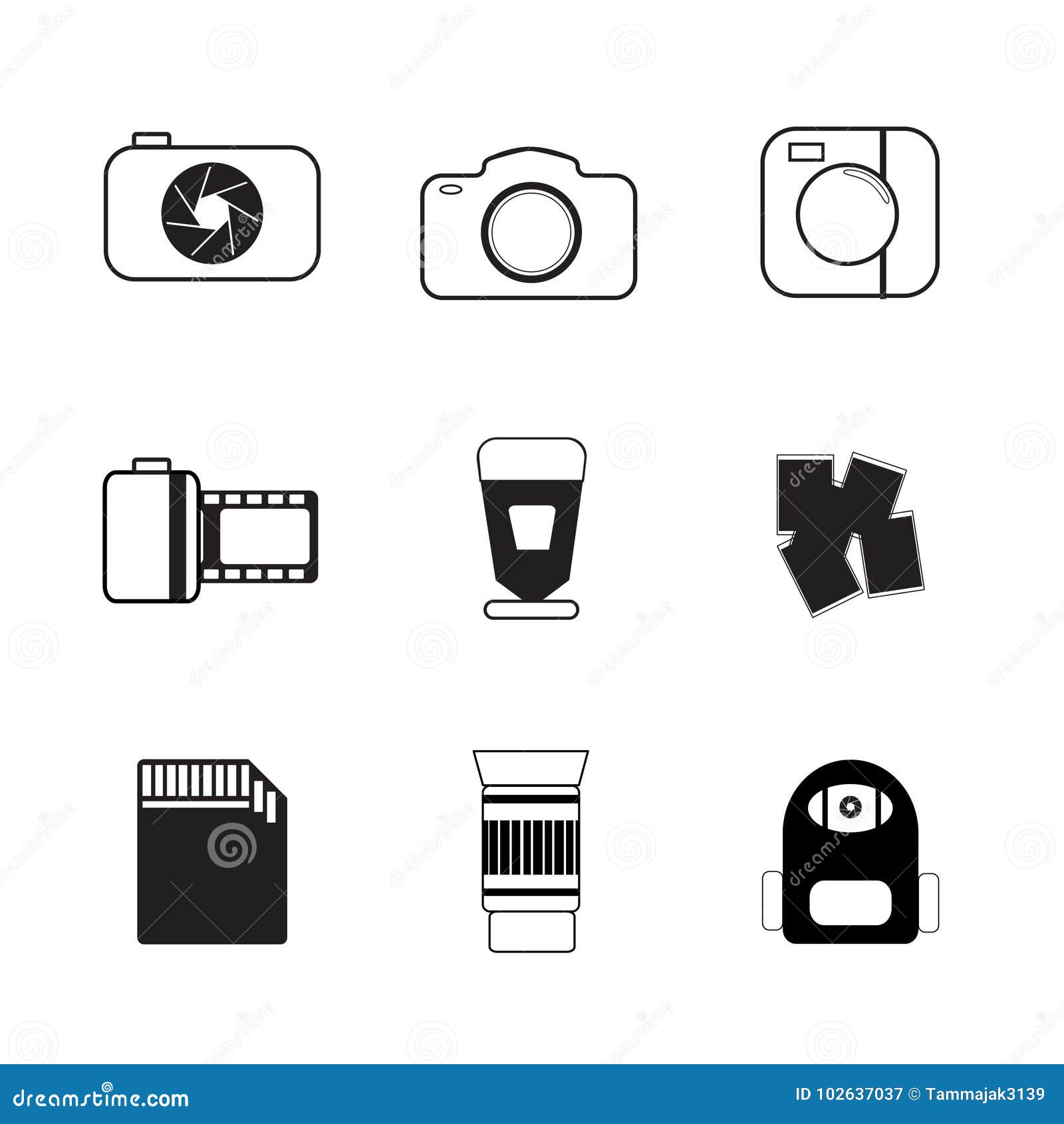 Flat Icon, Camera Collection in Black and White. Stock Vector ...