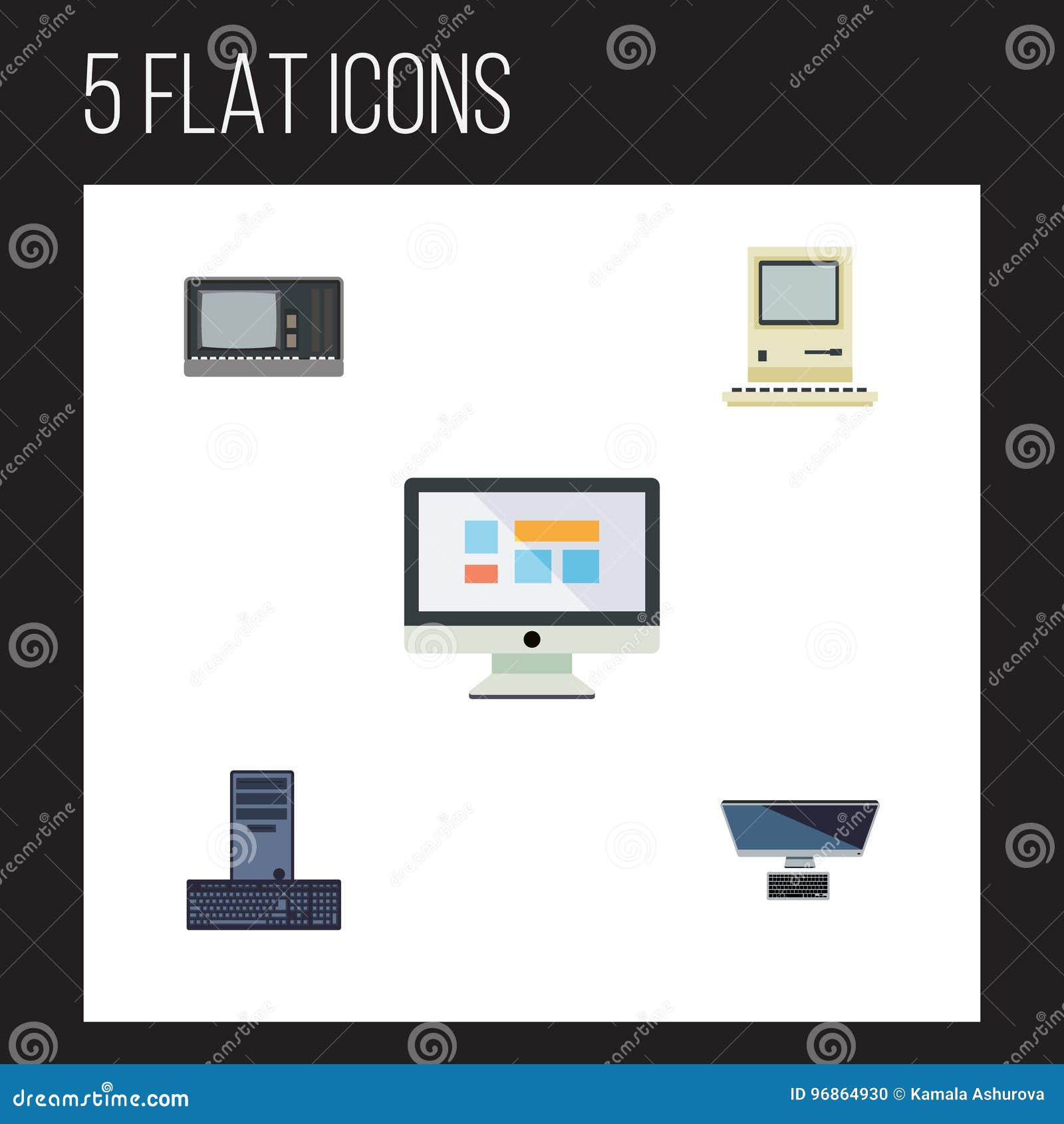 Flat Icon Computer Set of Display, Processor, PC and Other Vector Objects. Also Includes ...