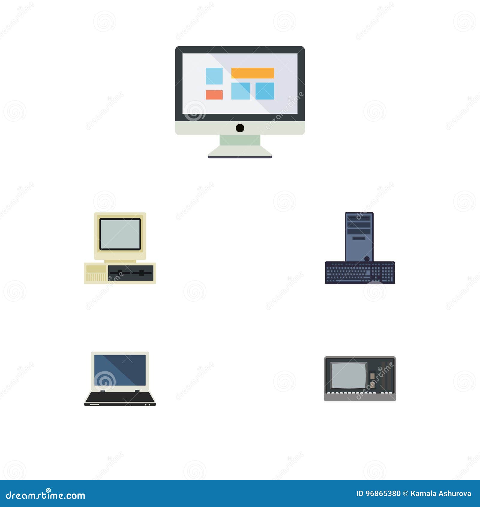 Flat Icon Computer Set of Vintage Hardware, Processor, Notebook and Other Vector Objects. Also ...