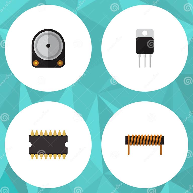 Flat Icon Electronics Set of Bobbin, Receiver, Microprocessor and Other Vector Objects. Also ...