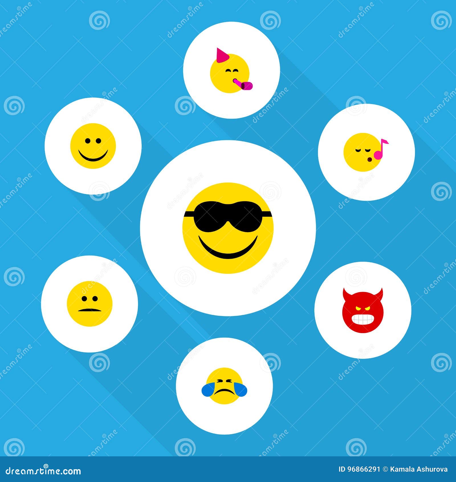 Flat Icon Expression Set of Party Time Emoticon, Happy, Displeased and ...