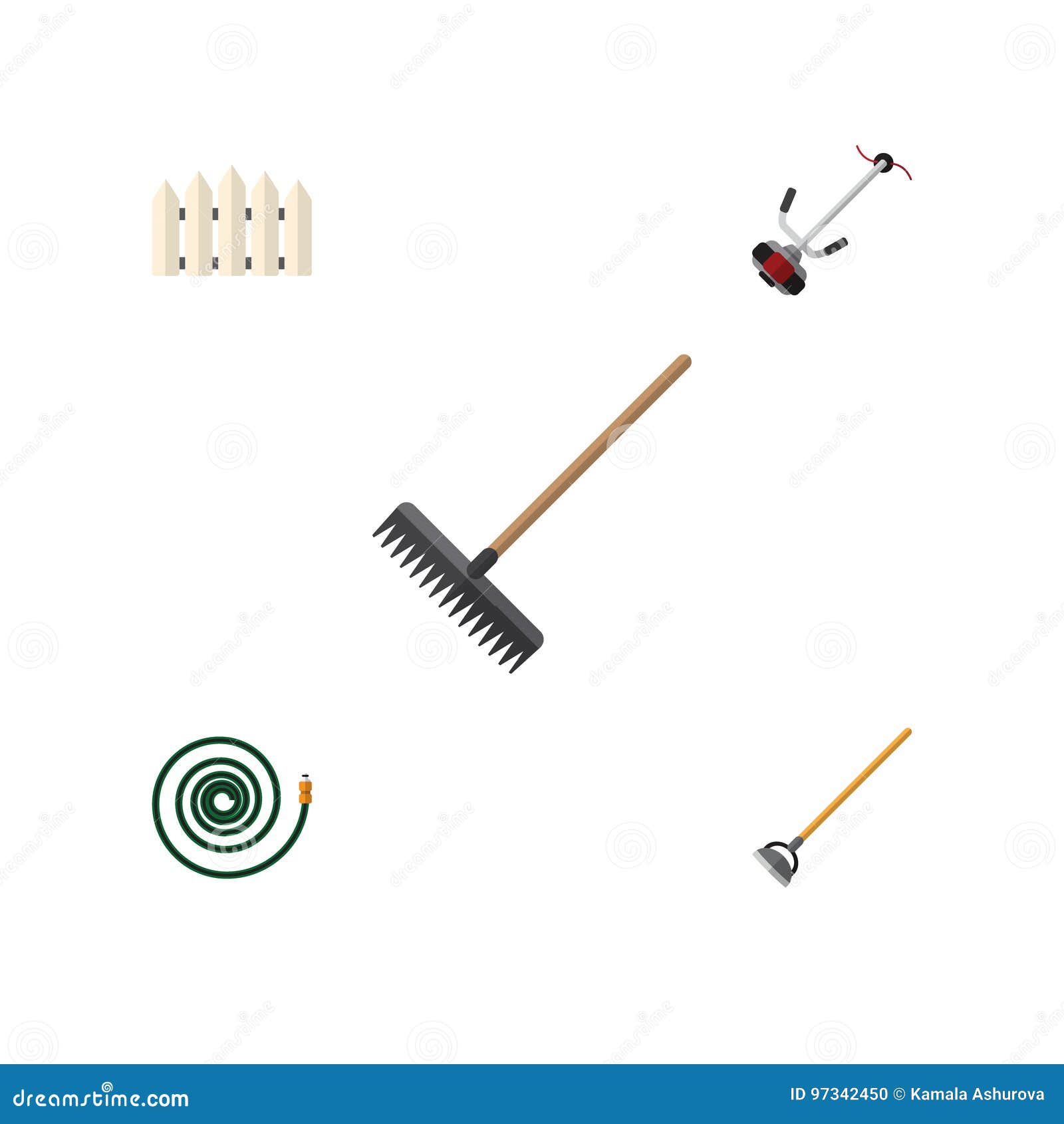 Flat Icon Farm Set of Grass-Cutter, Wooden Barrier, Hosepipe and Other ...