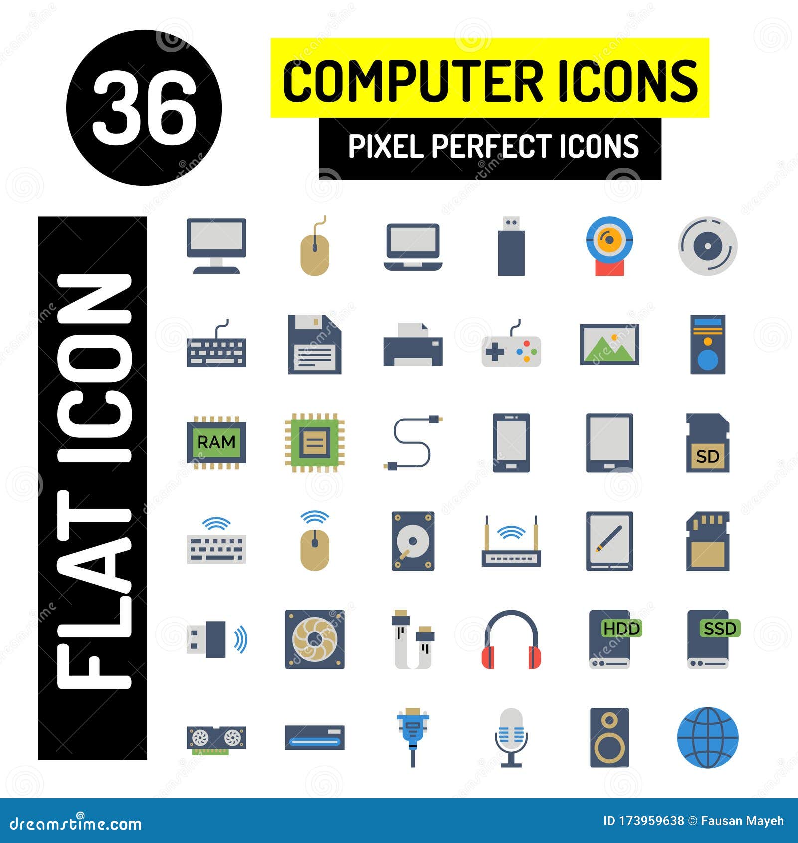 36 Flat Icon Set Computer Components Symbol Vector Sign Isolated ...