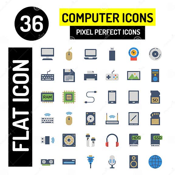 36 Flat Icon Set Computer Components Symbol Vector Sign Isolated ...