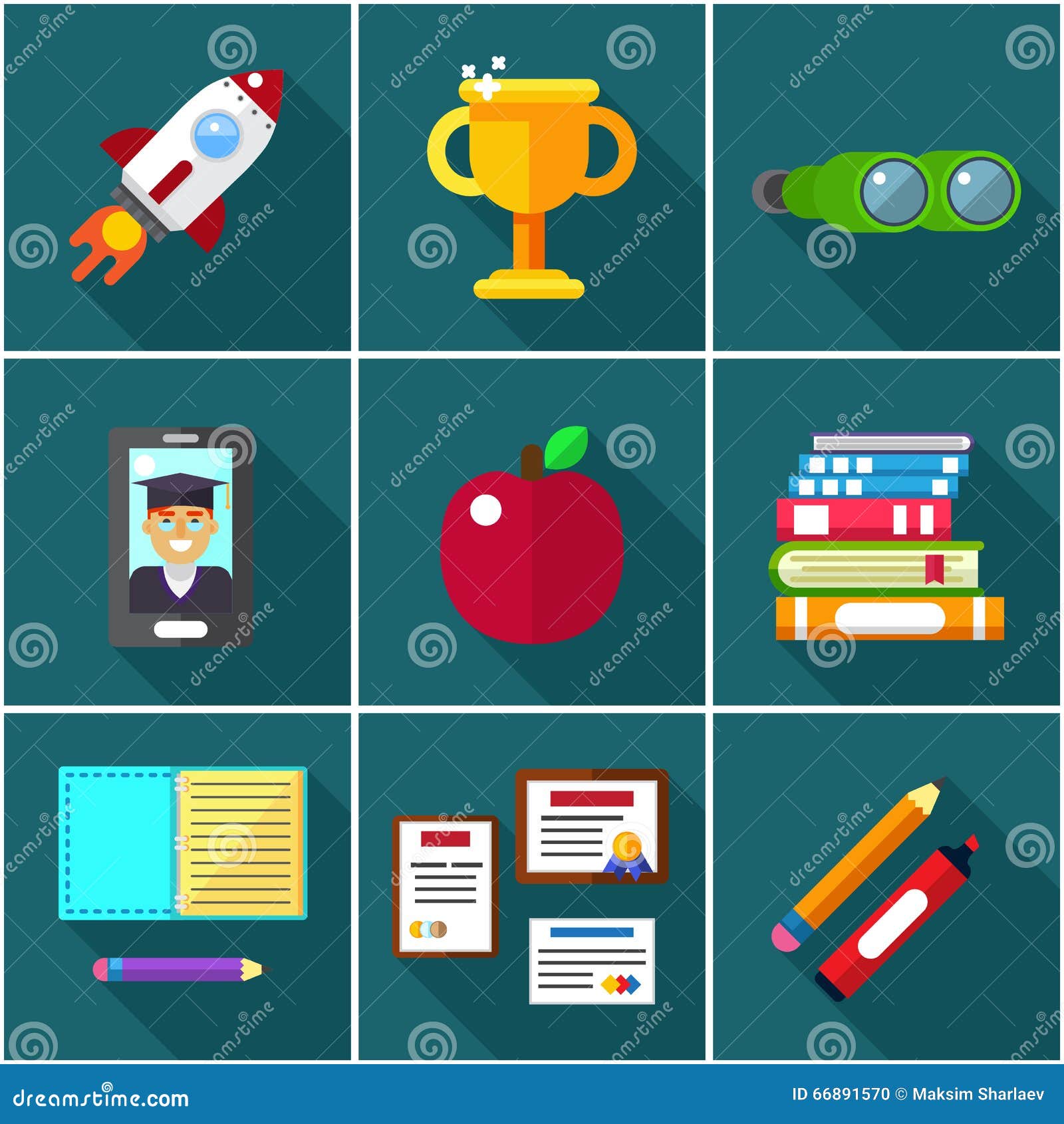 Flat Icons of Elements Objects for Education Stock Vector ...