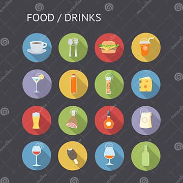 Flat Icons for Food and Drinks Stock Vector - Illustration of symbol ...