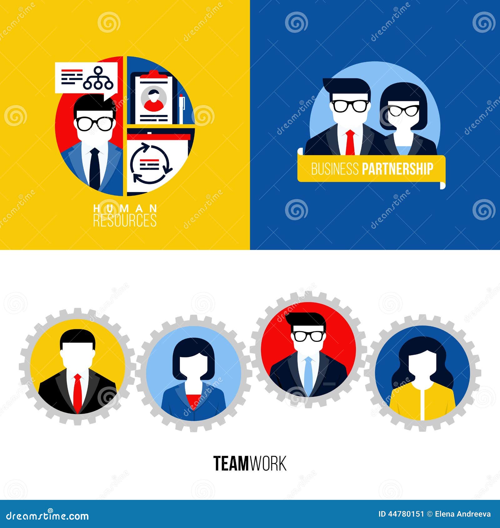 Flat Icons of Human Resources, Business Partnership, Teamwork Stock ...