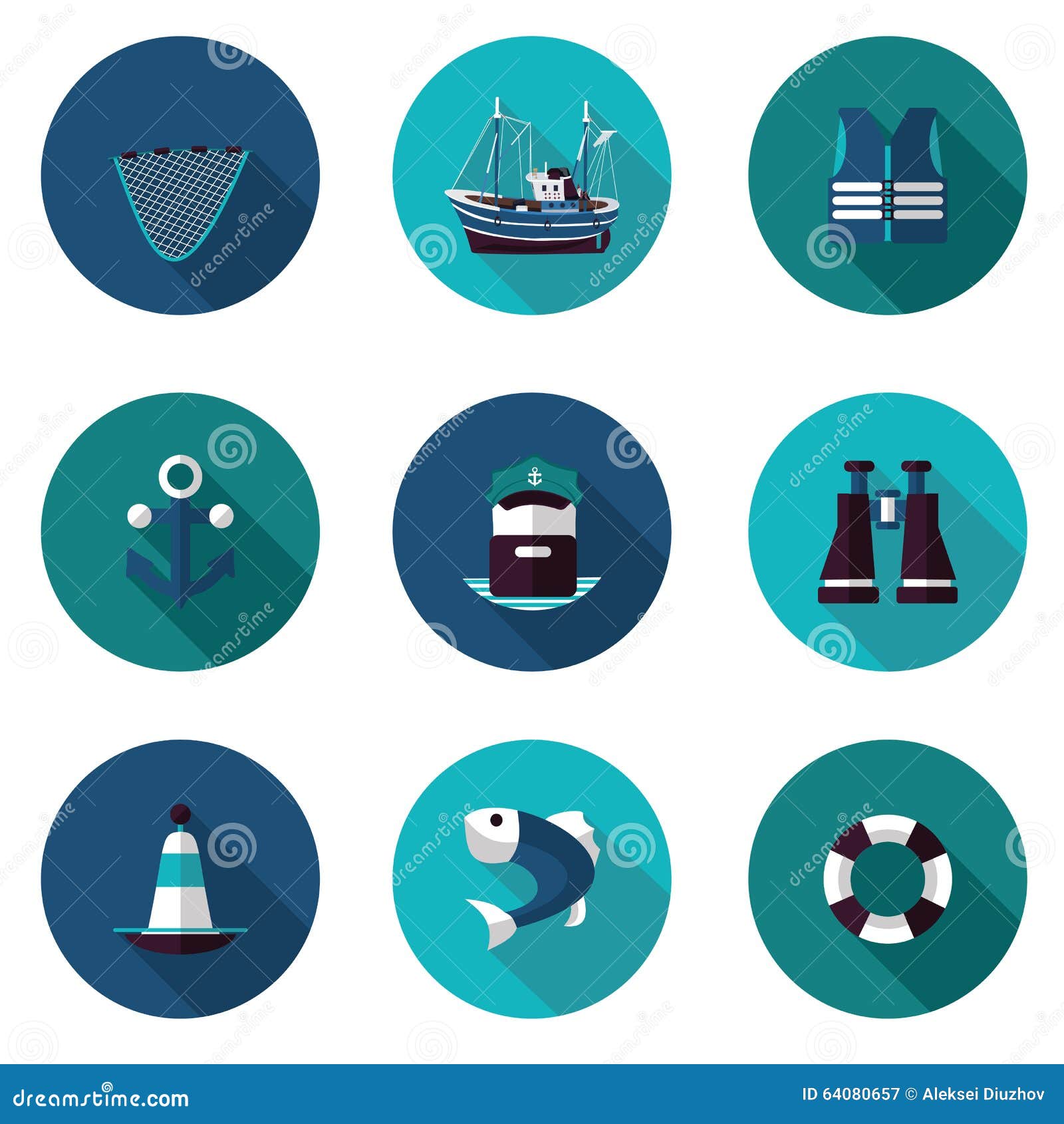 Flat Icons Set of Industrial Fishing Stock Illustration - Illustration ...