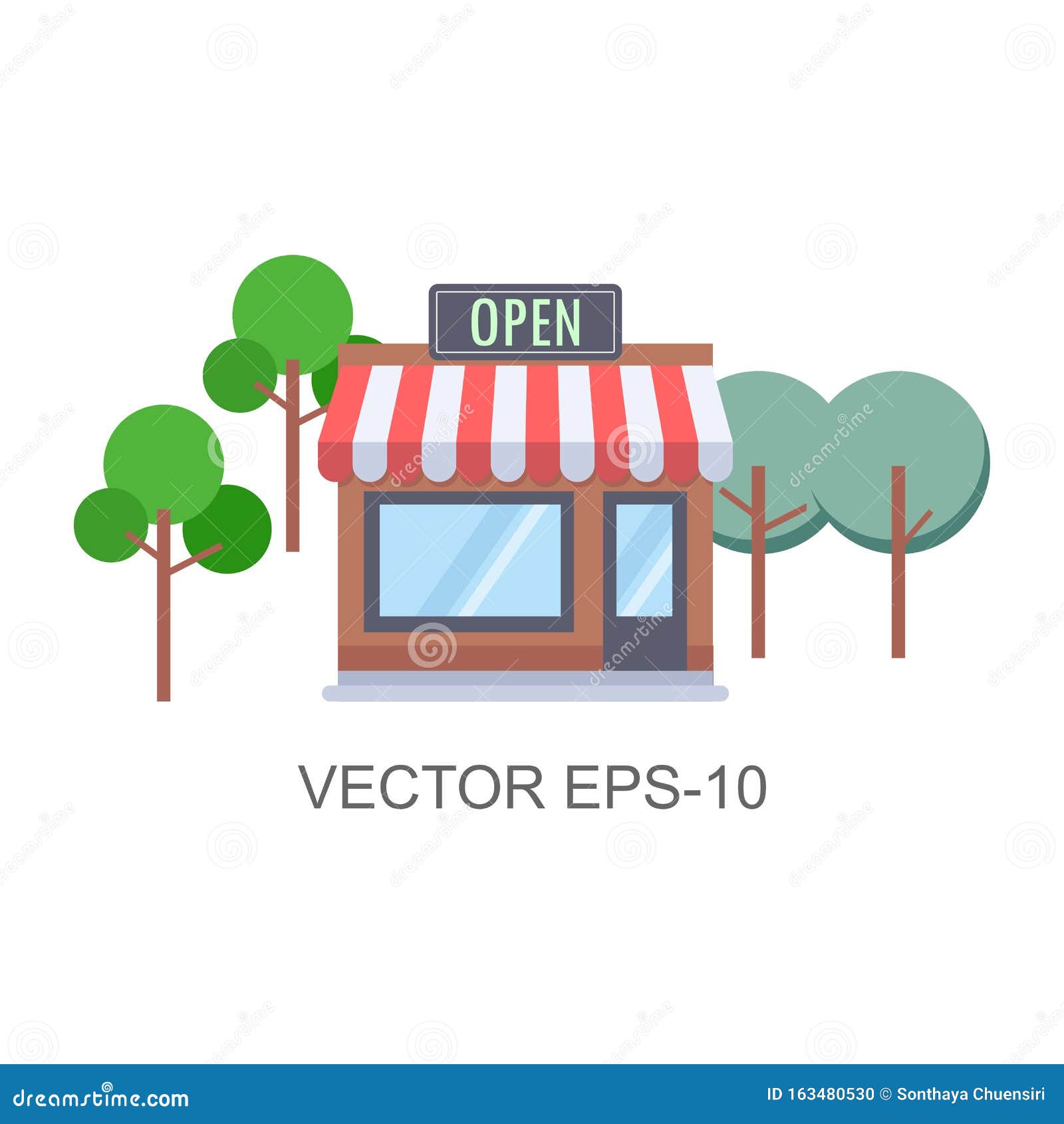 Flat Icons for Store, Open Sign, Trees, Vector Illustrations Stock ...