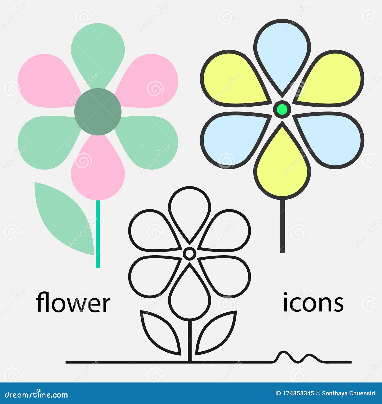 Flat Icons and Thin Line Icons for Flower,vector Illustrations Stock ...