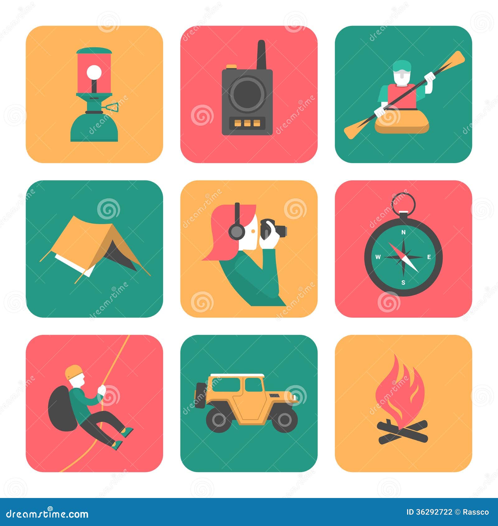Flat Icons of Travel and Adventure Stock Vector - Illustration of kayak ...