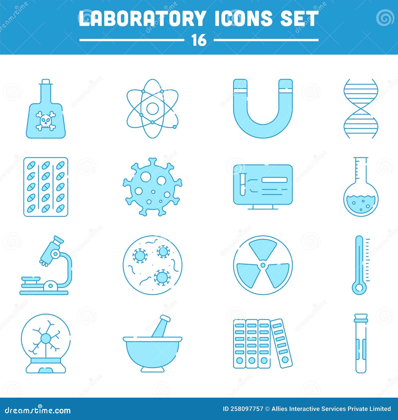 Flat Illustration of Biochemistry Lab Icon Set in Blue and White Stock ...