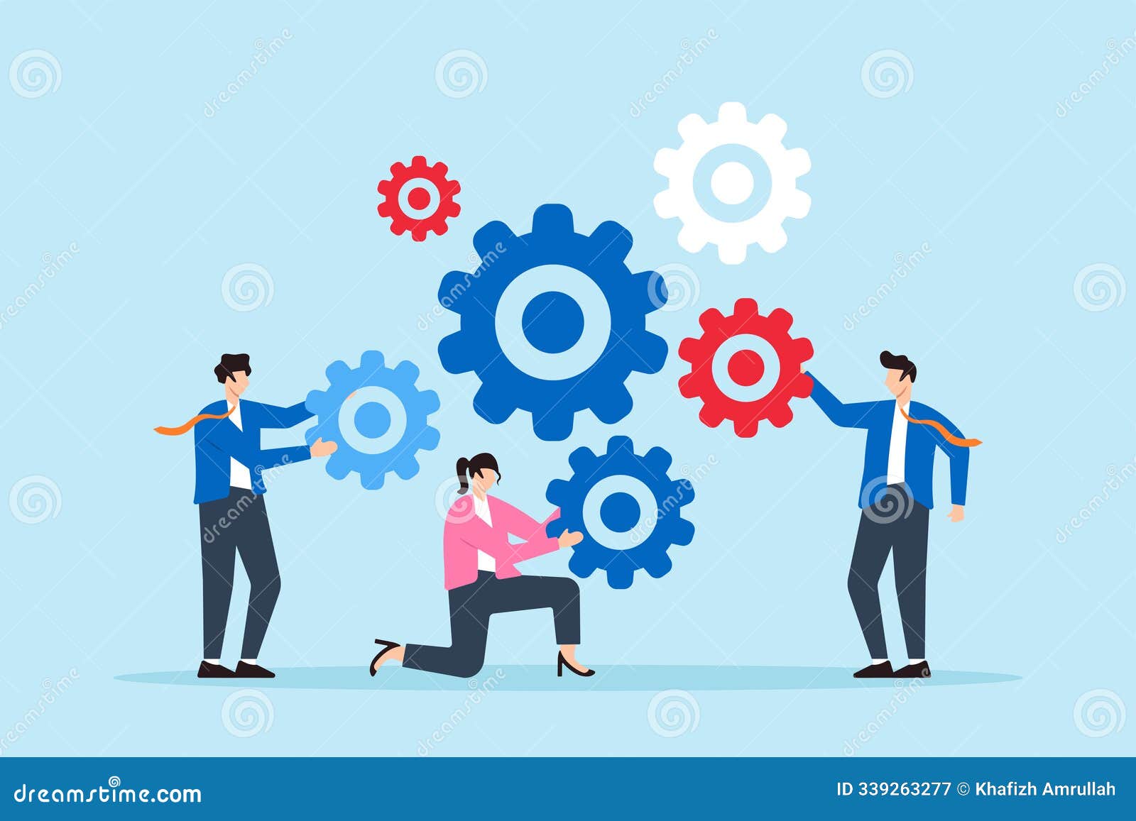 Flat Illustration of Businessman and Colleagues Help Connect Cogwheels ...