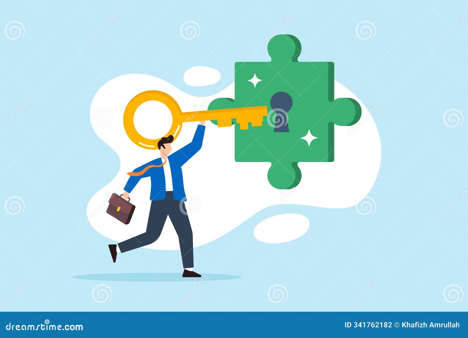 Flat Illustration of Businessman Inserting Key into Jigsaw Puzzle ...