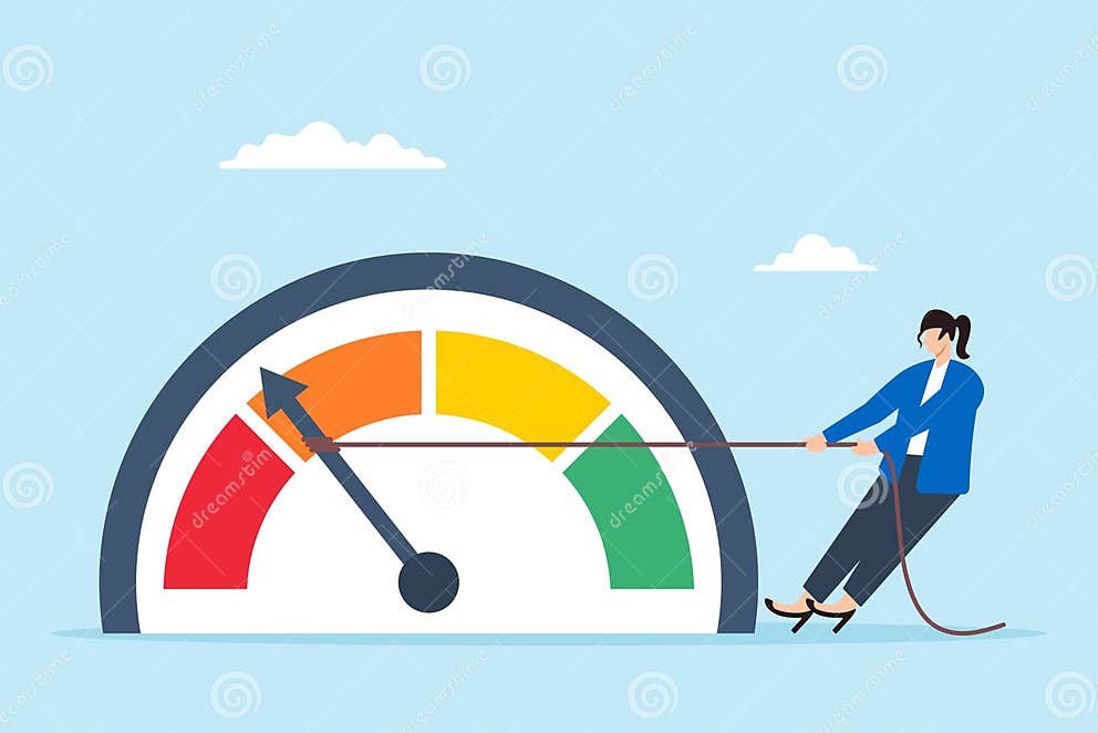 Flat Illustration of Businesswoman Pull Meter Down Reducing Risk Level Red Alert To Green Reduce ...