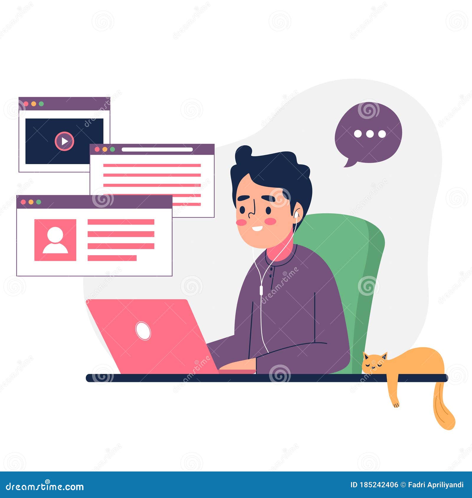 Flat Illustration of Character Working on Computer at Home Stock Vector ...