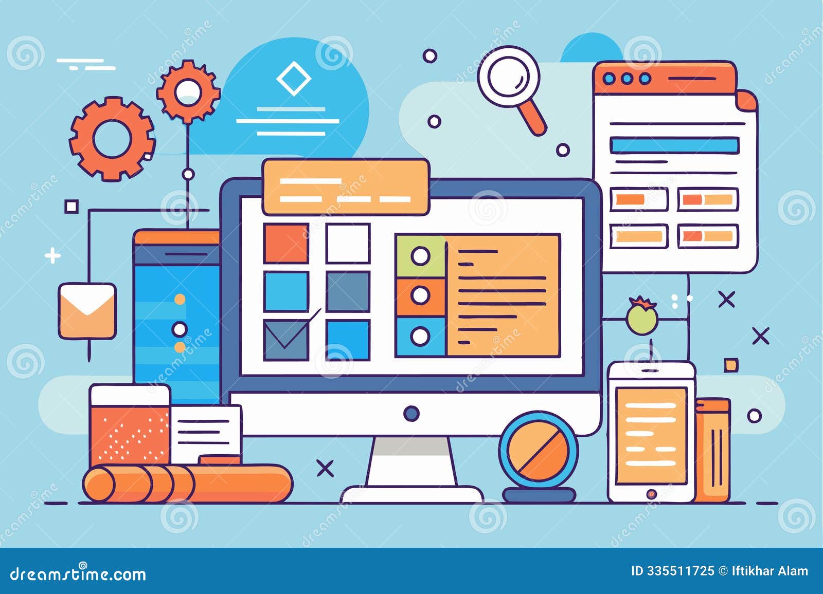A Flat Illustration Depicting a Digital Workspace Filled with Design Tools and Customizable ...