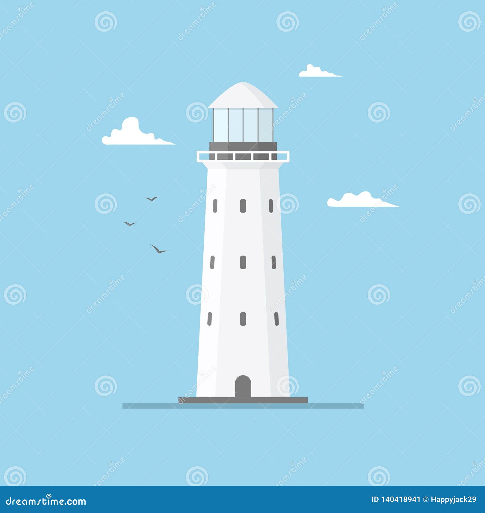 Flat Illustration of Lighthouse Building and Blue Sky. Searchlight ...