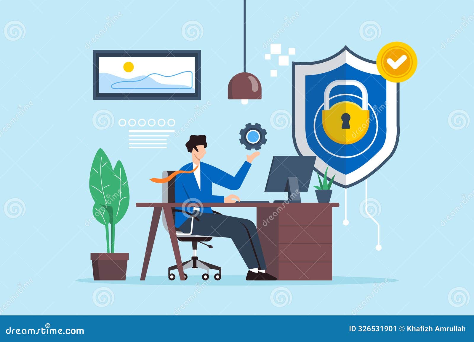 Flat Illustration of Man Managing Cybersecurity for Remote Work ...