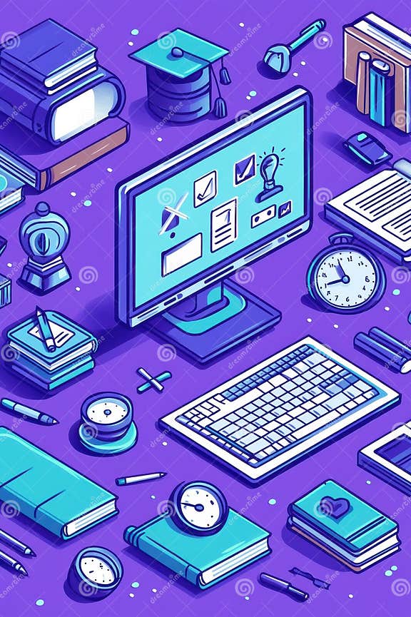 Flat Illustration of an Online Learning Environment with Computer ...