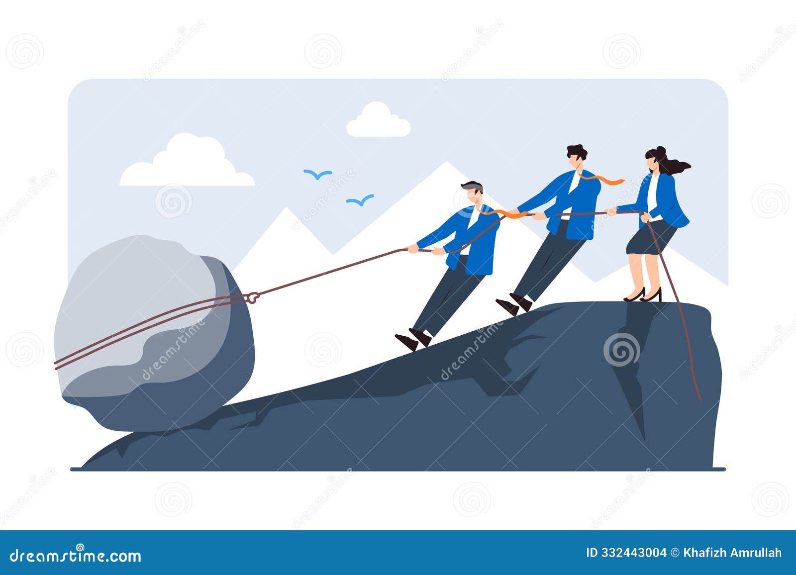 Flat Illustration of Professionals Pulling Heavy Boulder Uphill ...