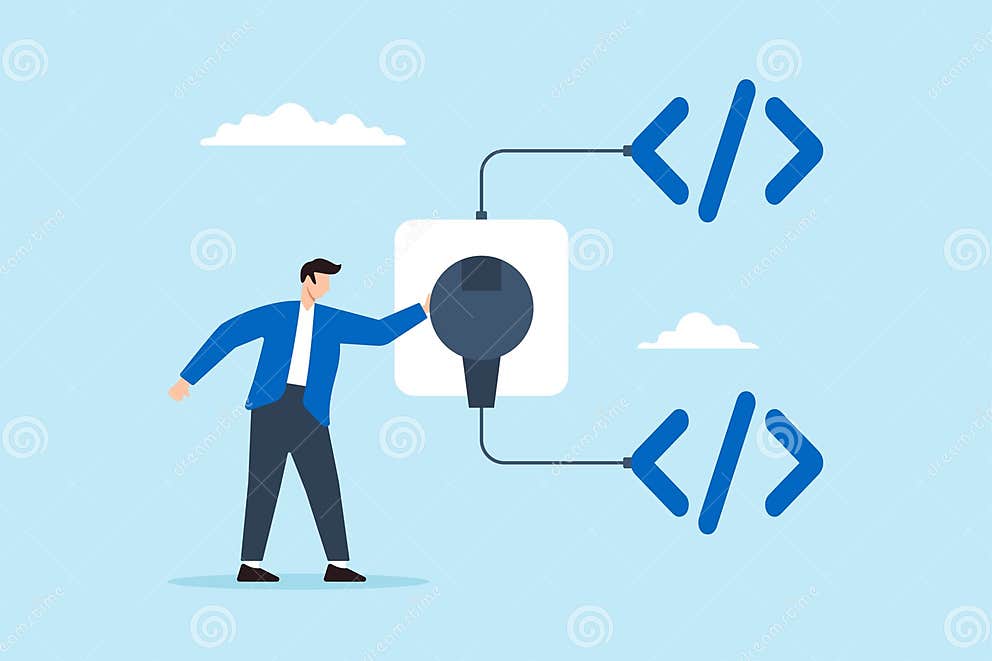 Flat Illustration of Programmer Connects Socket between Coding Programs Illustrating API for ...