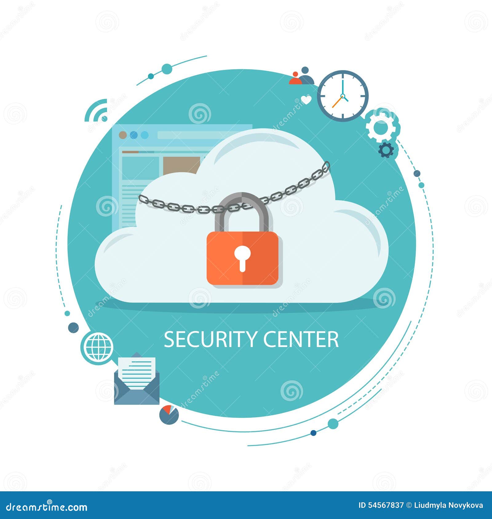 Flat Illustration of Security Center. Cloud with Lock and Icons Stock ...