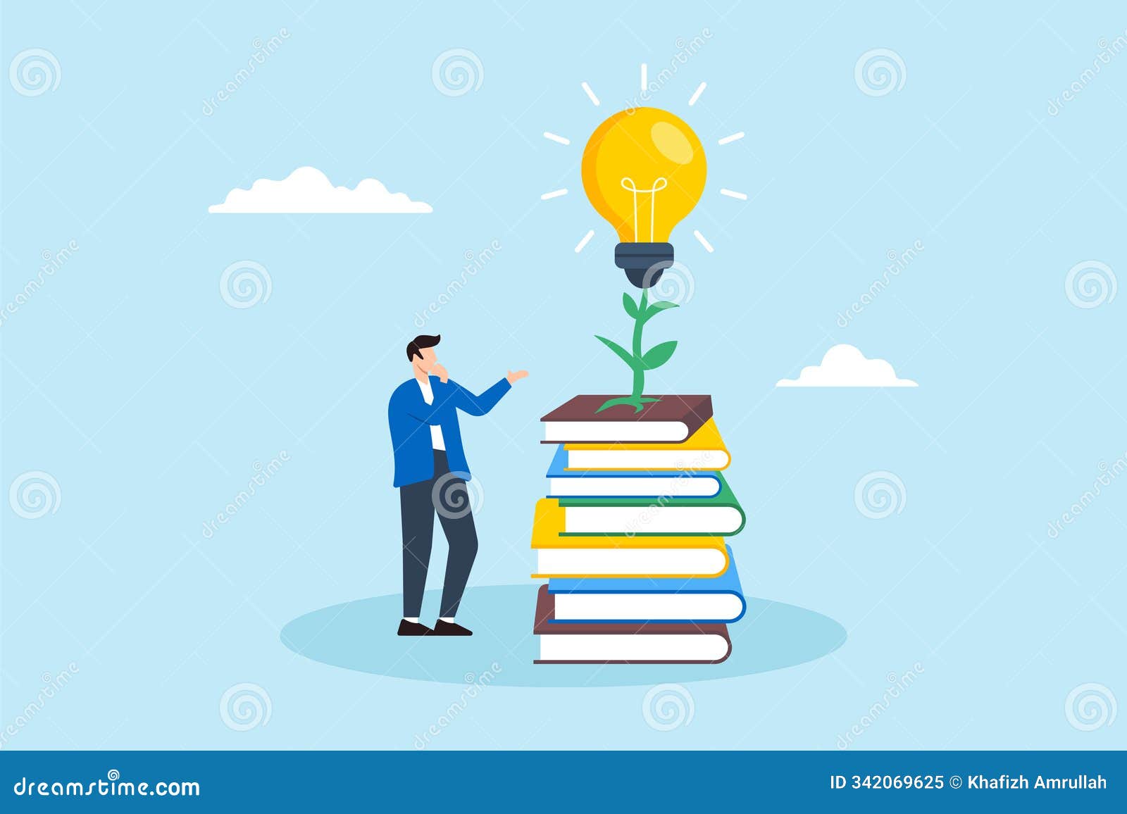 Flat Illustration of Smart Young Man with Book Stack and Light Bulb ...