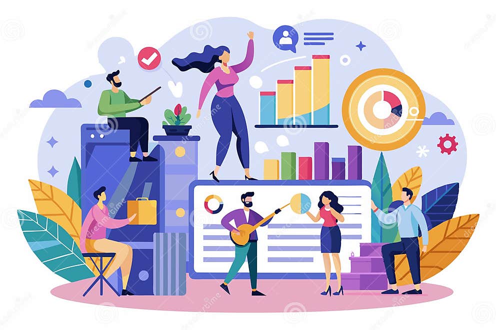Flat Illustration of a Team Analyzing Performance Data on a Screen with ...