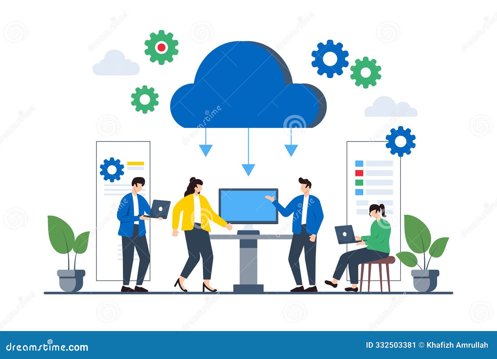 Flat Illustration of Team Members Collaborating on Cloud-based Version ...