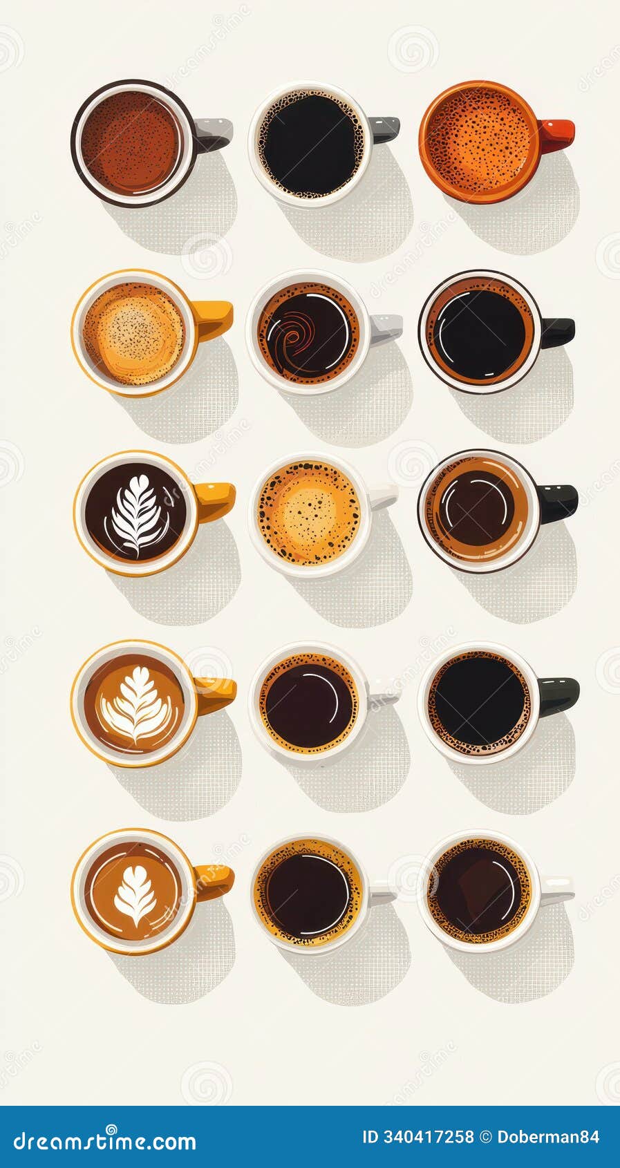 Flat Illustration of Various Coffee Cups Arranged in Rows with ...
