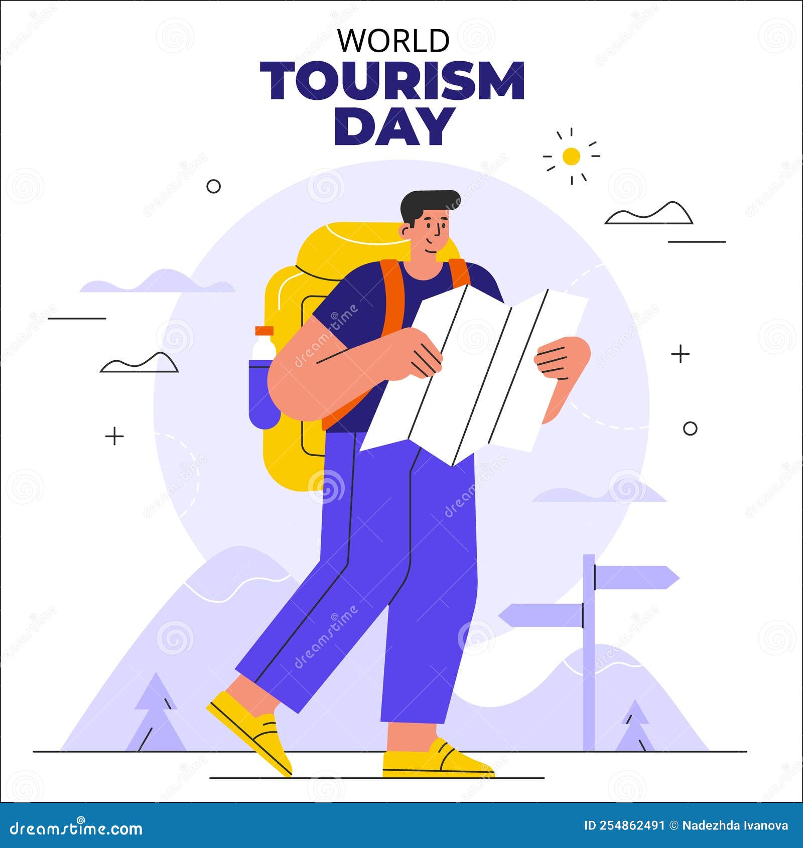 Flat Illustration for World Tourism Day Celebration, Guy Stands with a ...