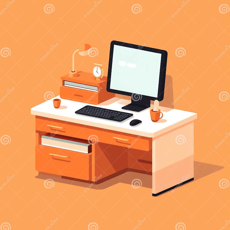 Flat Image of a Computer Desk on an Orange Background. Simple Icon of a ...