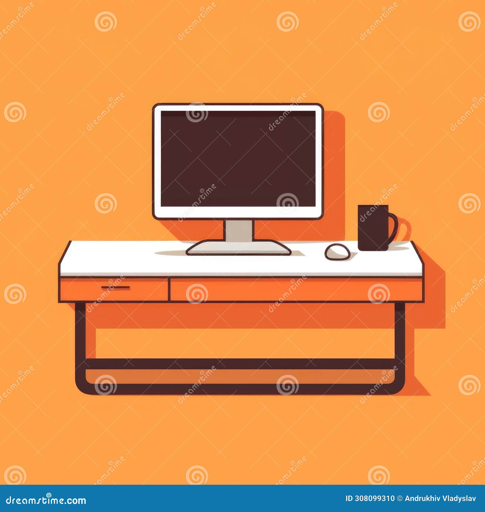 Flat Image of a Computer Desk on an Orange Background. Simple Icon of a ...
