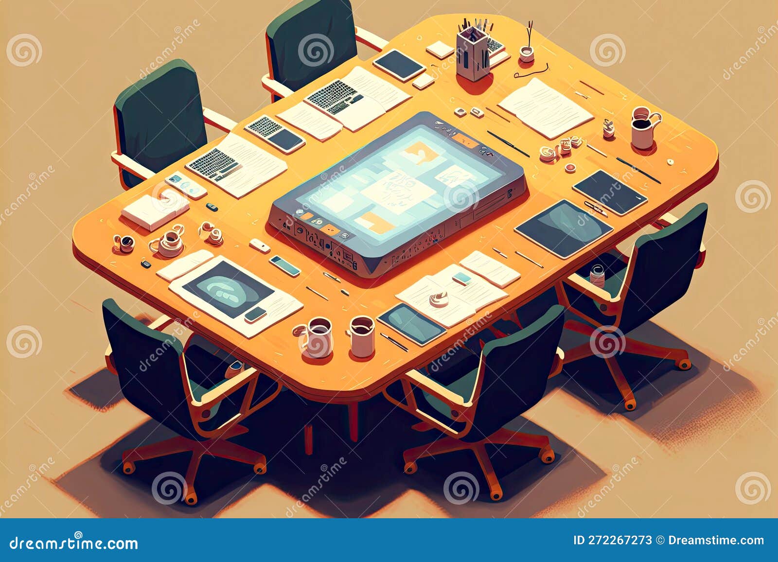 Flat Image Conference Table with Chairs and Tablets on Top Stock ...