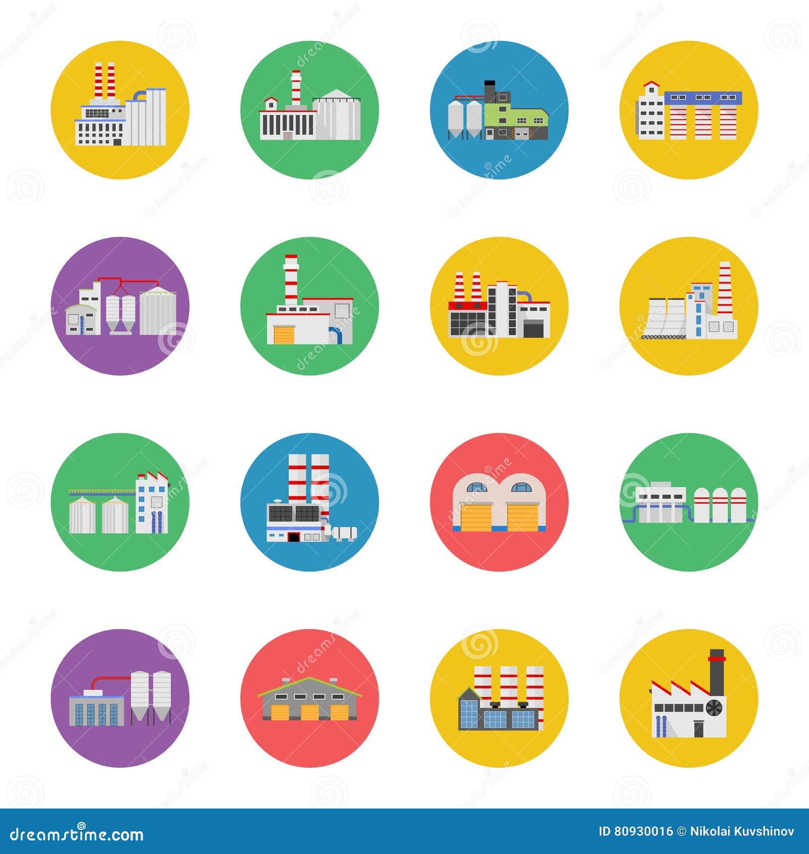 Flat Industrial Buildings and Factories Icons Stock Vector ...