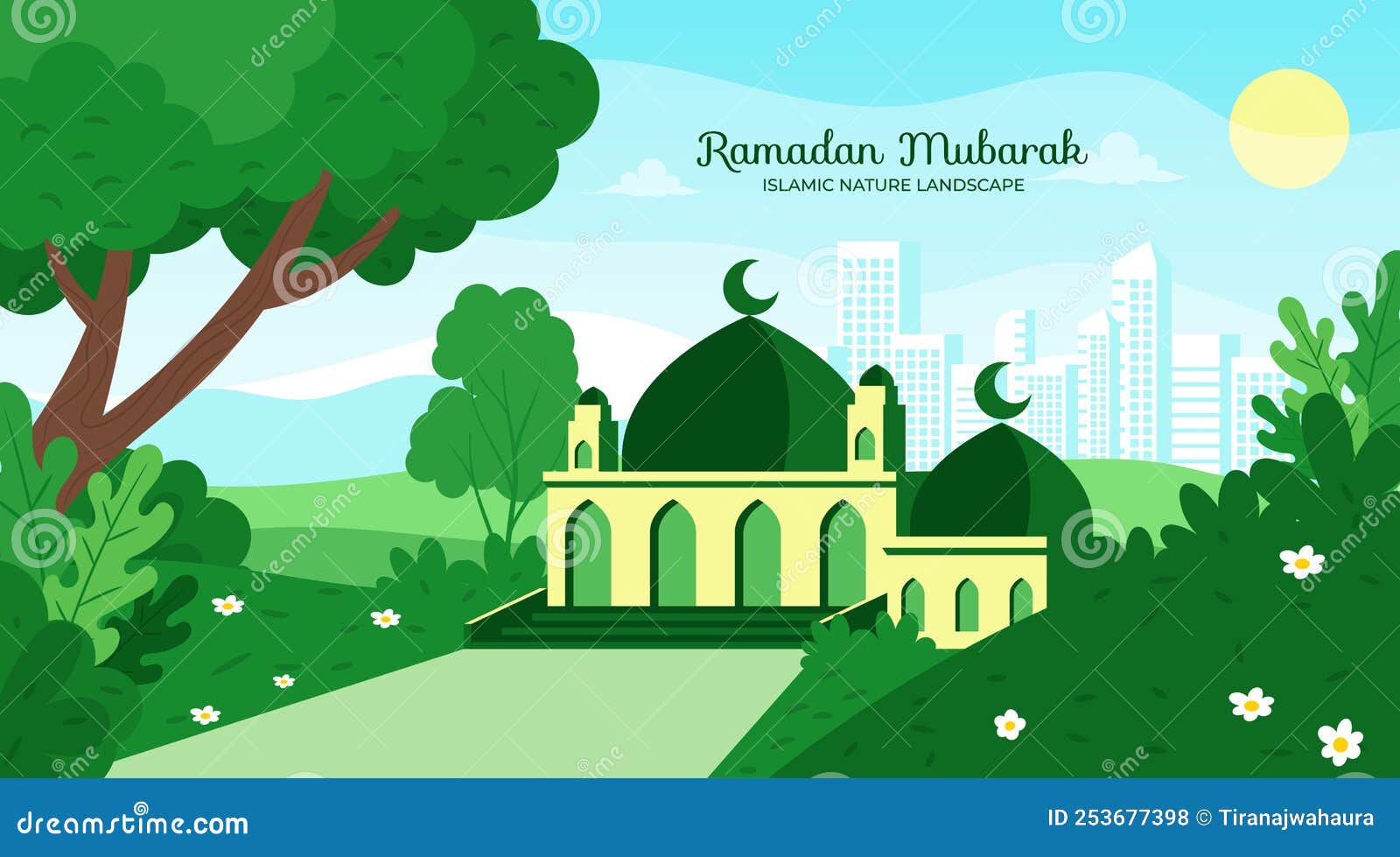 Cartoon Islamic Mosque And Lovely Nature Landscape | CartoonDealer.com ...