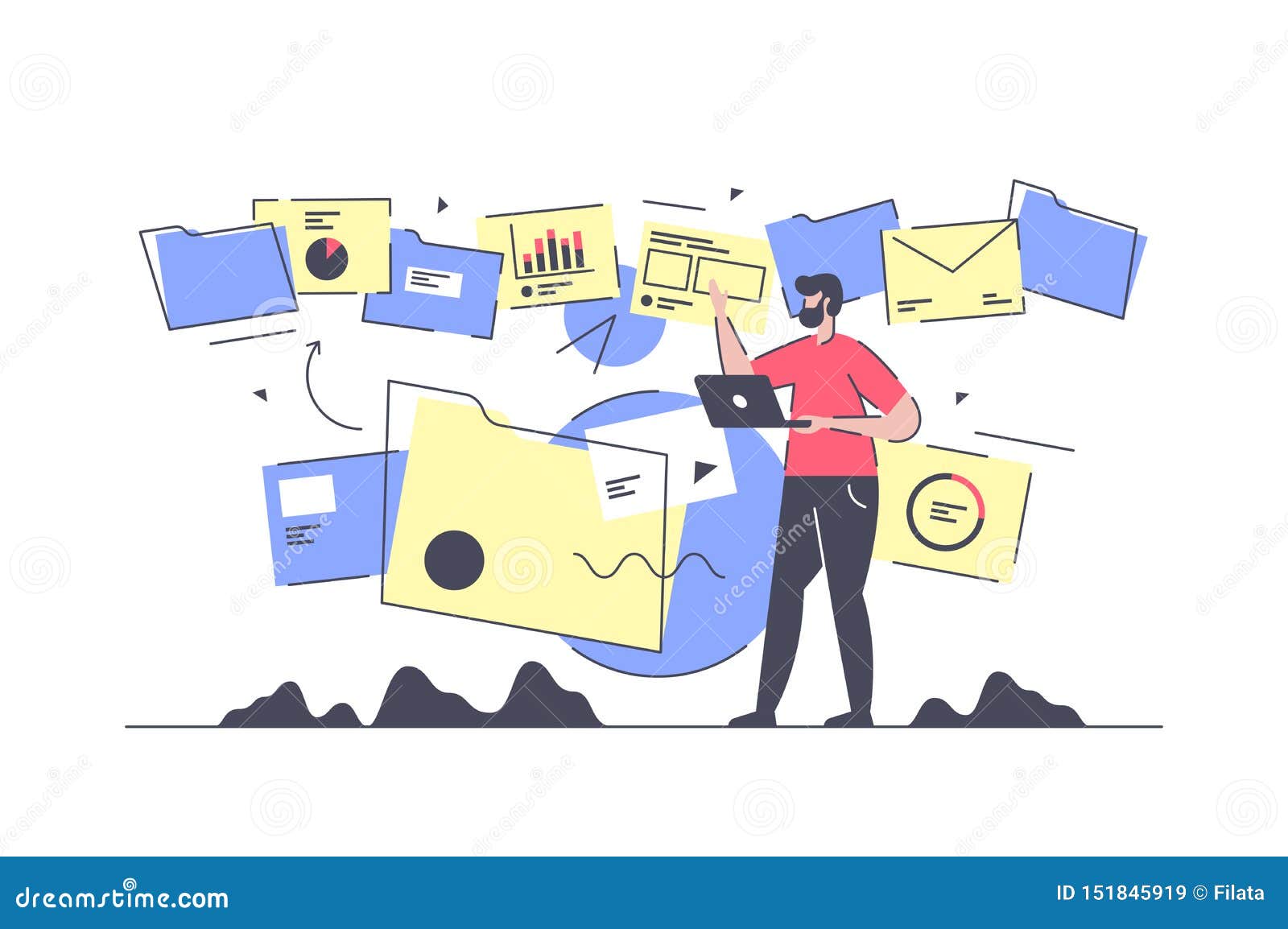 Flat Isolated Businessman Do Document Flow and Processing. Stock Vector ...