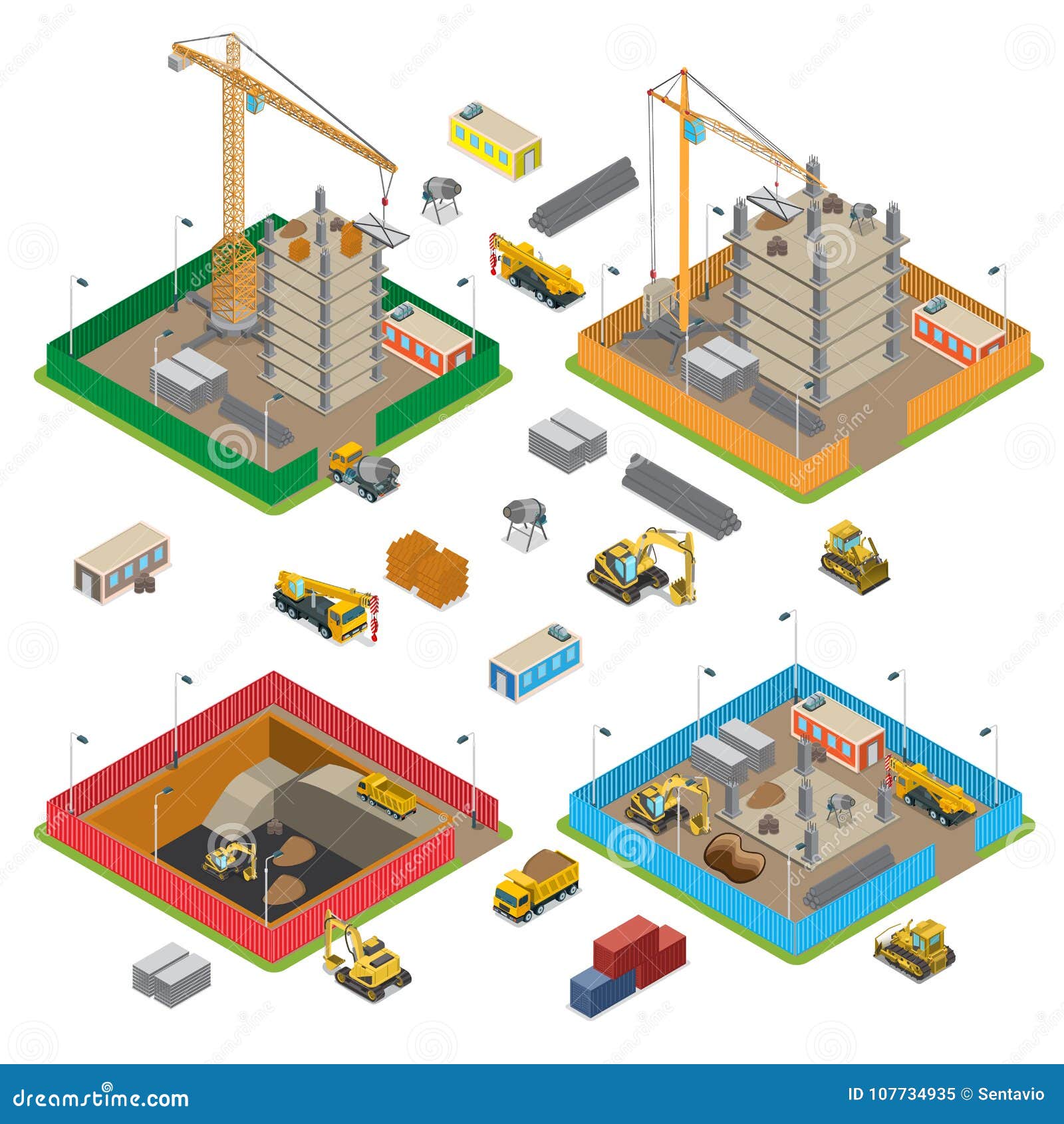 Flat Isometric Construction Objects Set. Cr Stock Illustration ...