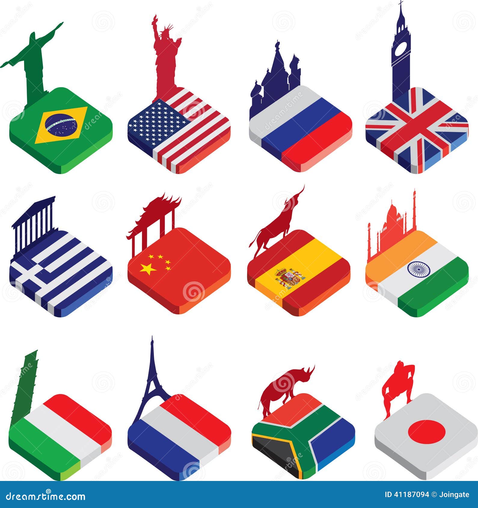 Flat Isometric 3d Flag Icons, Famous World Landmarks on White Stock ... Flat Isometric 3d Flag Icons, Famous World Landmarks on White Stock ...