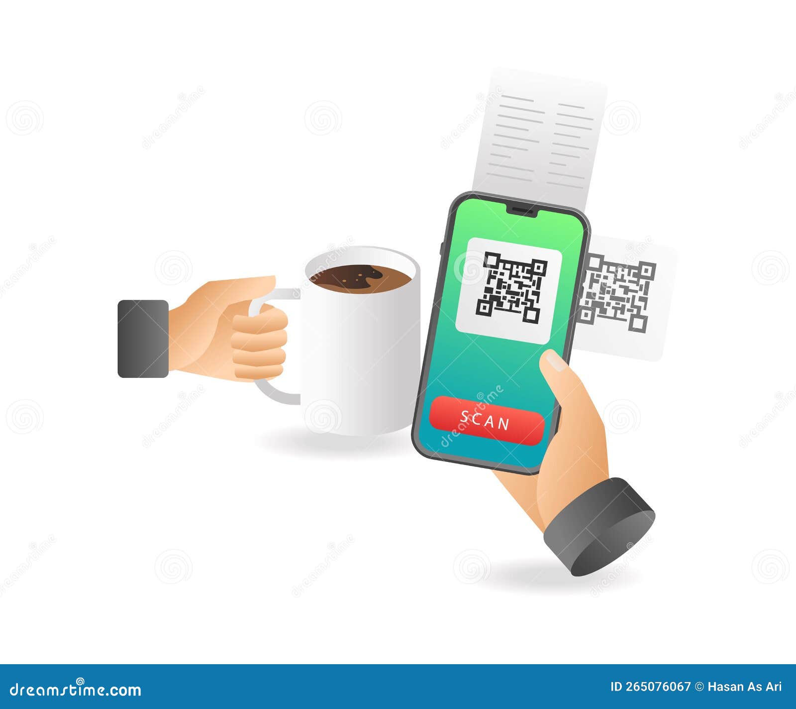 3d Flat Illustration of Drinking Coffee Looking at Barcode Stock ...