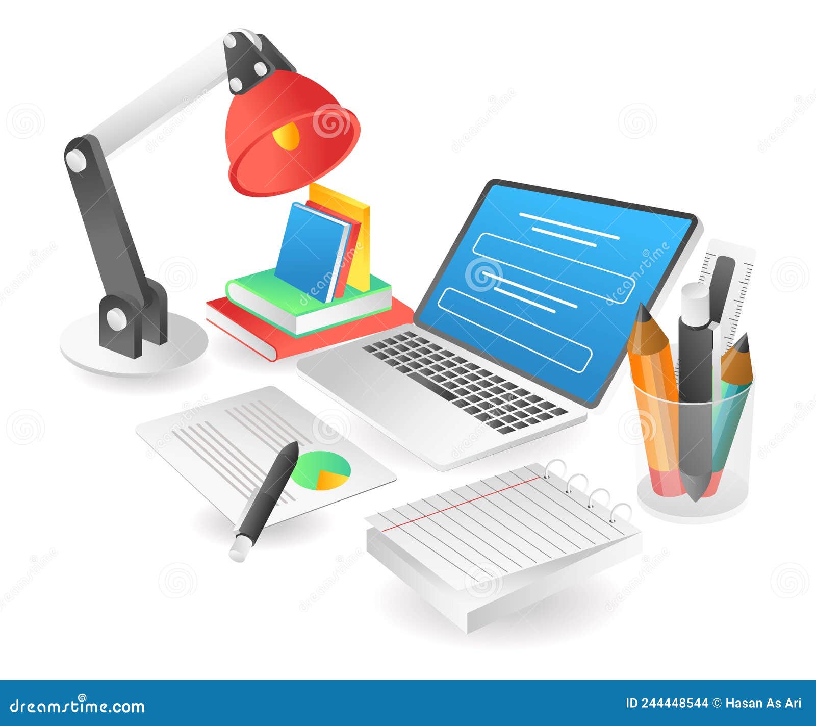 Flat Isometric Illustration Concept. Study Desk and Work at Home Stock ...